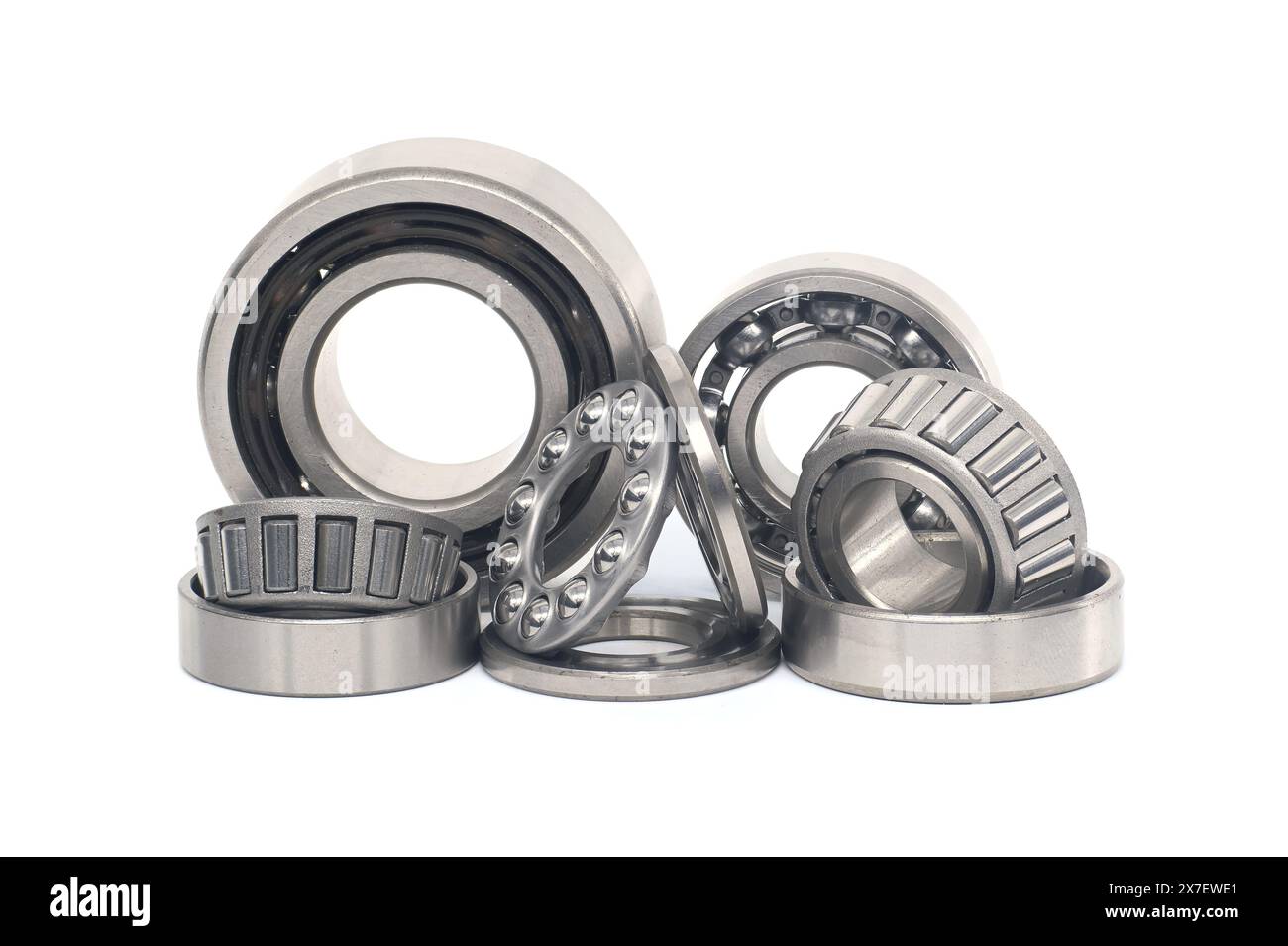 Array of bearings of varying sizes and types, including roller bearings ...