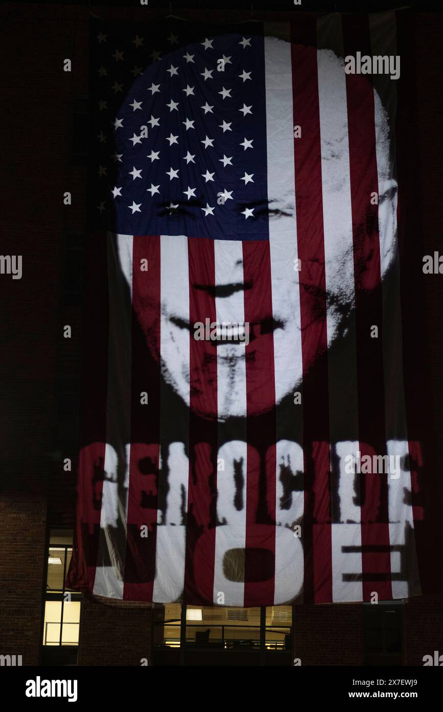 GWU, DC, UNITED STATES-05/07/2024: A projection display of Joe Biden ...