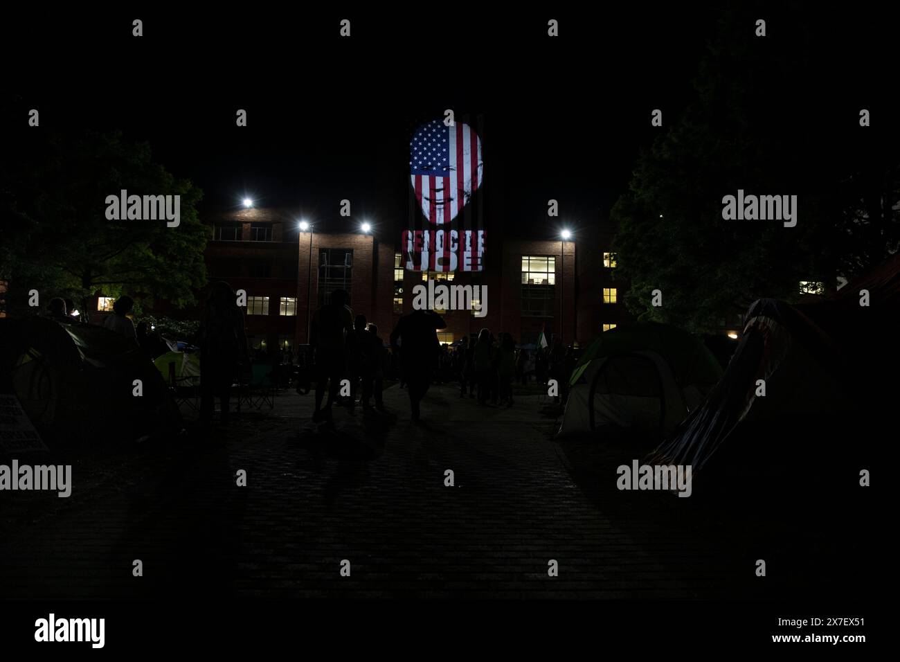 GWU, DC, UNITED STATES-05/07/2024: A projection display of Joe Biden ...