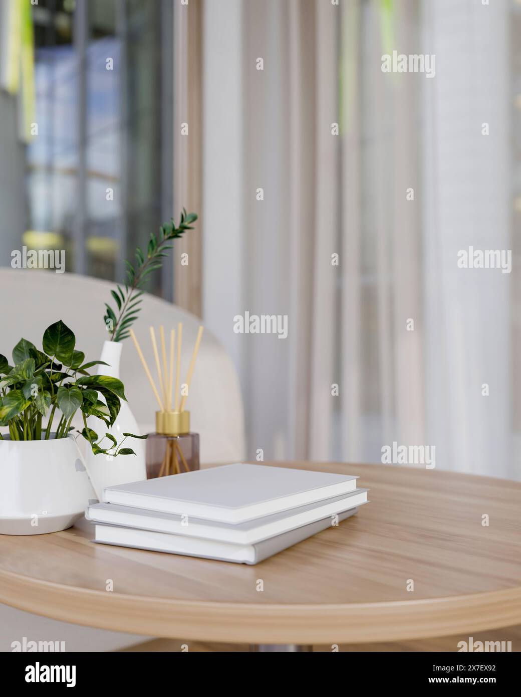 A round wooden table near the window in a contemporary minimalist room ...
