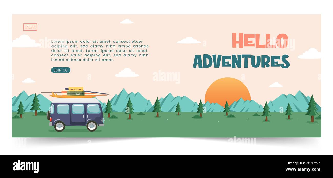 Campsite with van, tent, bonfire and outdoor picnic equipment, camper ...