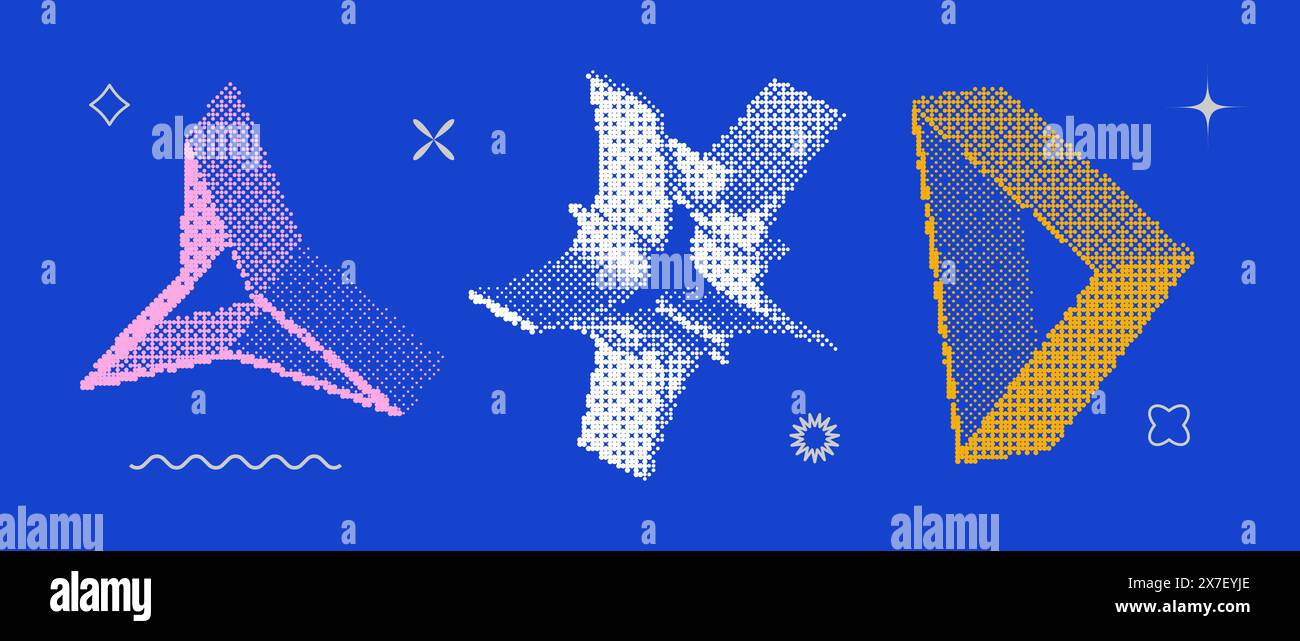 Bitmap textured shape set. Dither halftone objects collection. Colorful ...