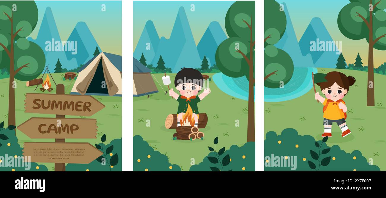 Summer sets collection. children doing activities on camping. Kids ...