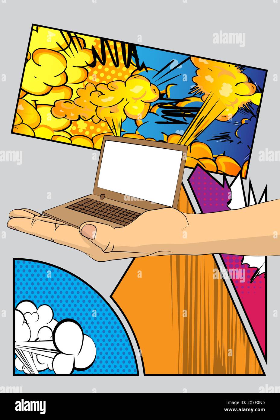 Cartoon, comic book human hands holding Laptop. Retro vector comics pop ...