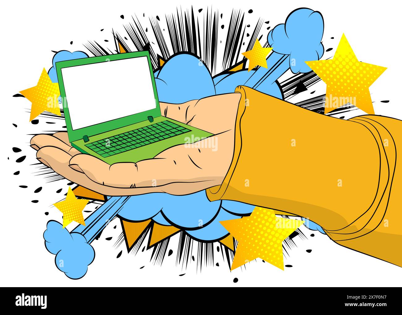Cartoon, comic book human hands holding Laptop. Retro vector comics pop ...