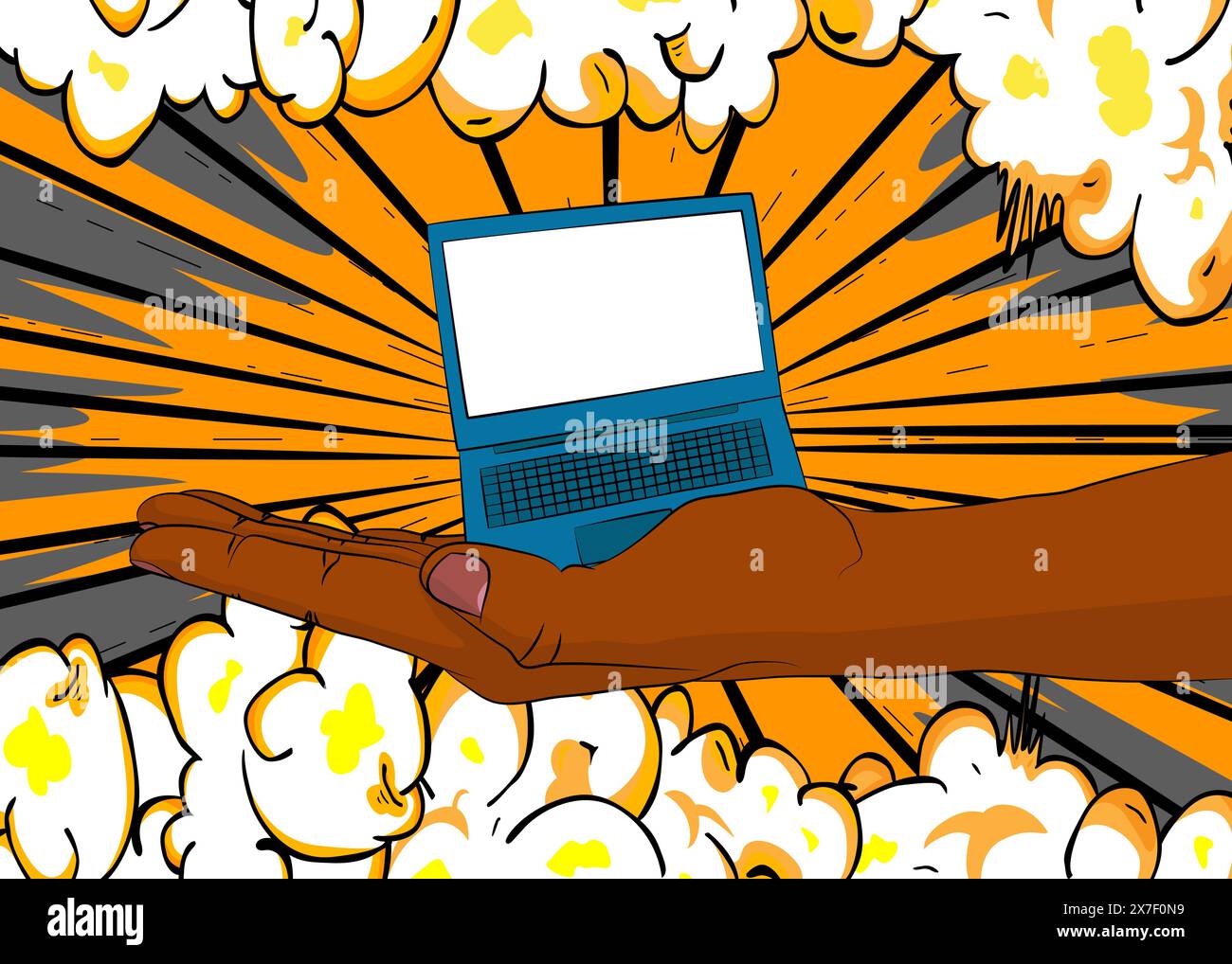 Cartoon, comic book human hands holding Laptop. Retro vector comics pop ...