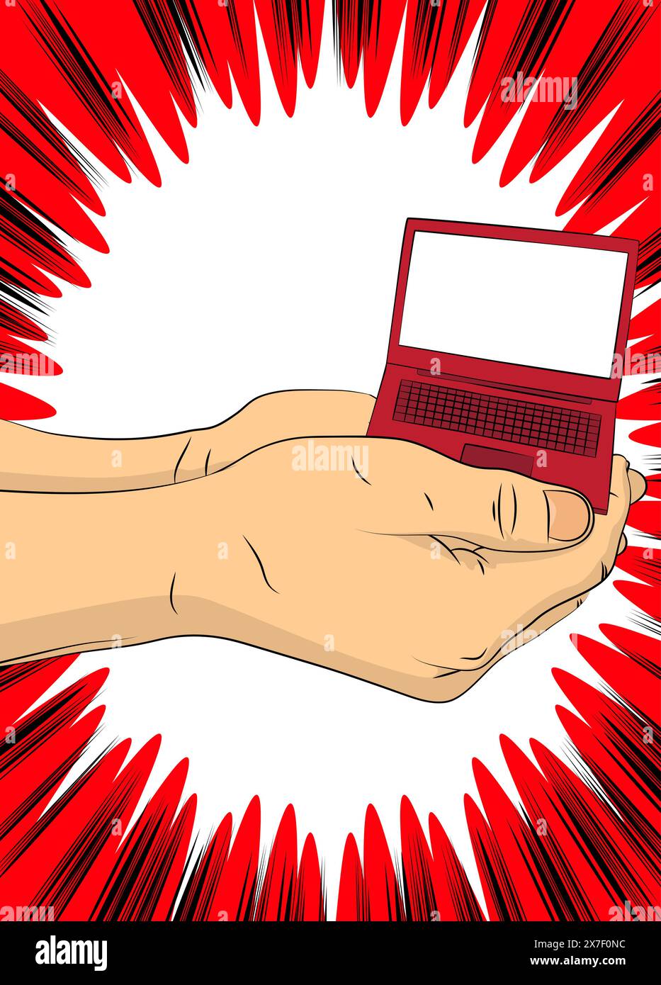 Cartoon, comic book human hands holding Laptop. Retro vector comics pop ...
