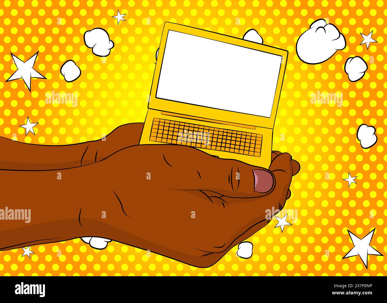 Cartoon, comic book human hands holding Laptop. Retro vector comics pop ...