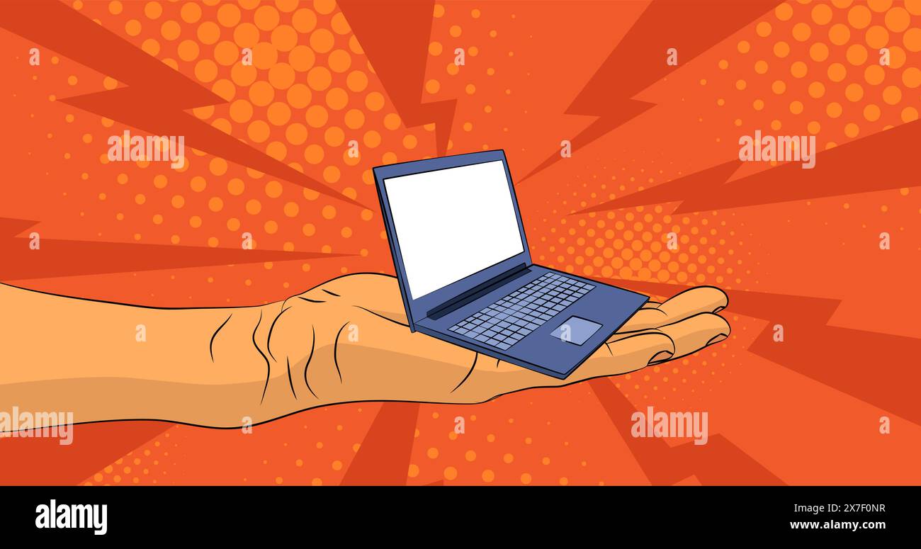 Cartoon, comic book human hands holding Laptop. Retro vector comics pop ...