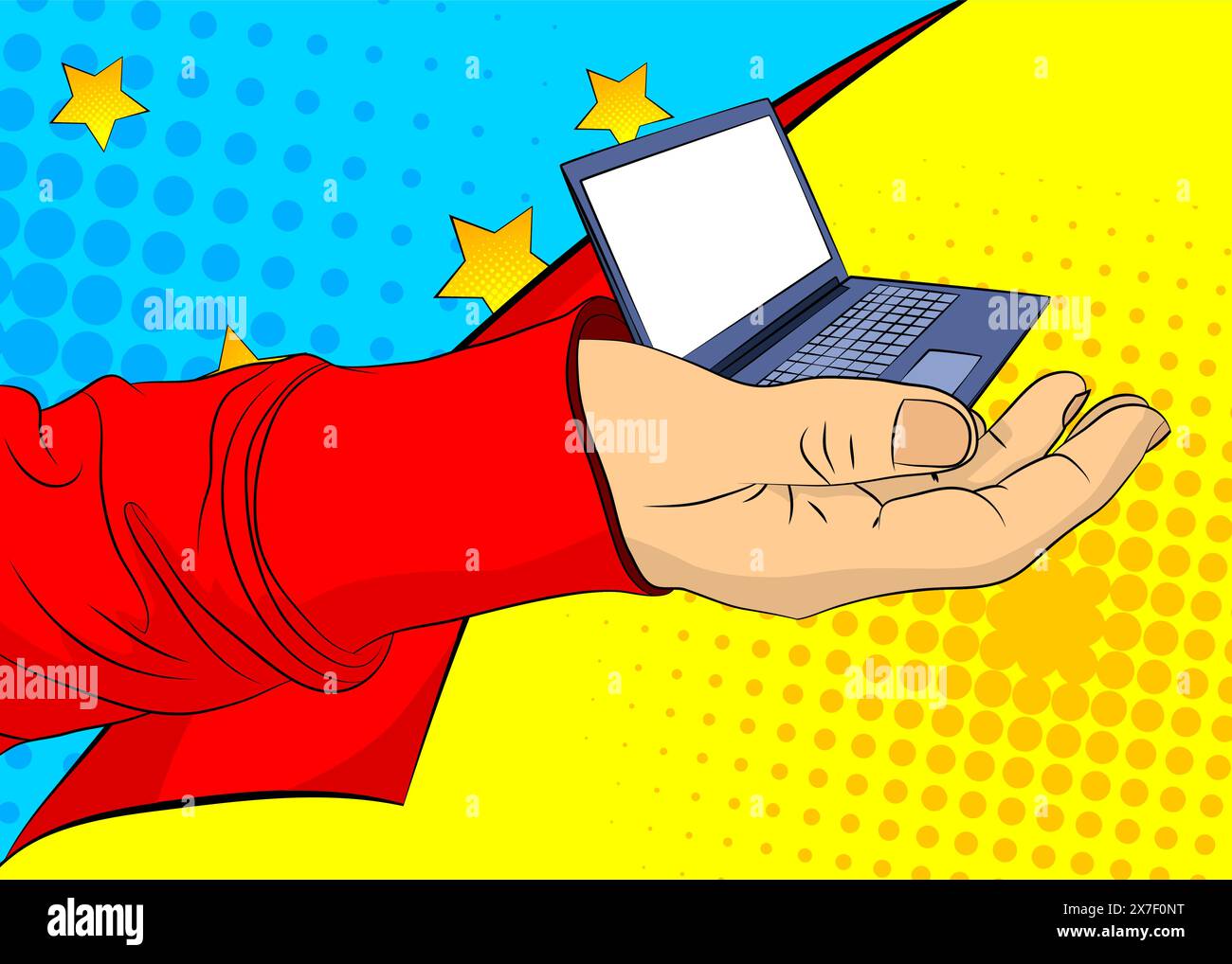 Cartoon, comic book human hands holding Laptop. Retro vector comics pop ...