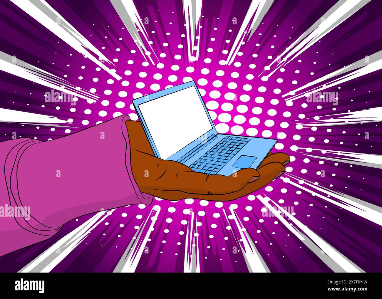 Cartoon, comic book human hands holding Laptop. Retro vector comics pop ...