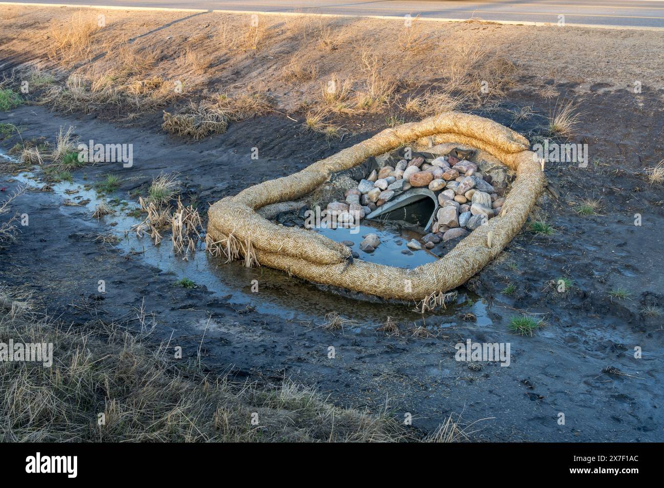 Culvert Protected With Biodegradable Erosion Control Straw Sock On Road Slope To Protect From
