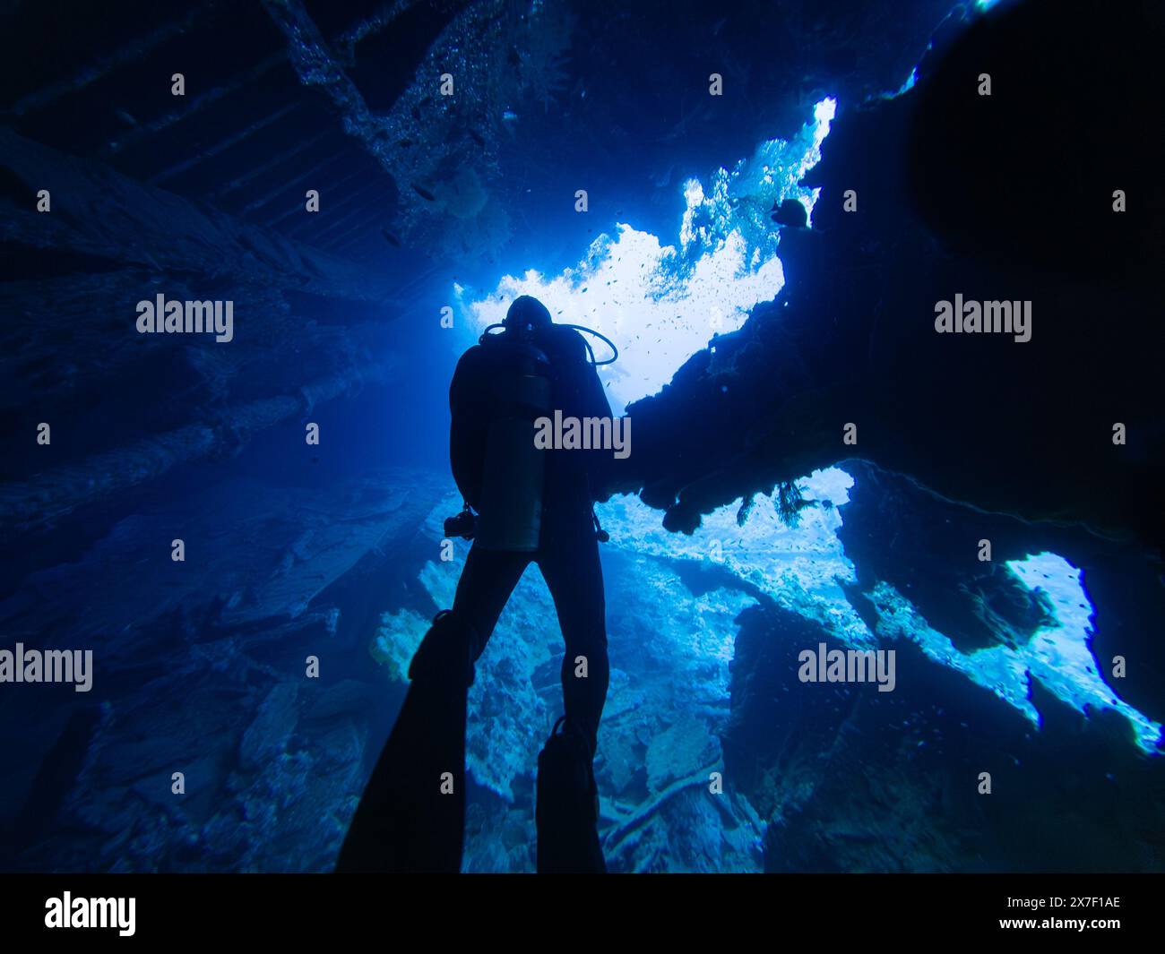 Diver inside the Wreck of Steamship SS Dunraven Sunk at Shaab Mahmoud ...