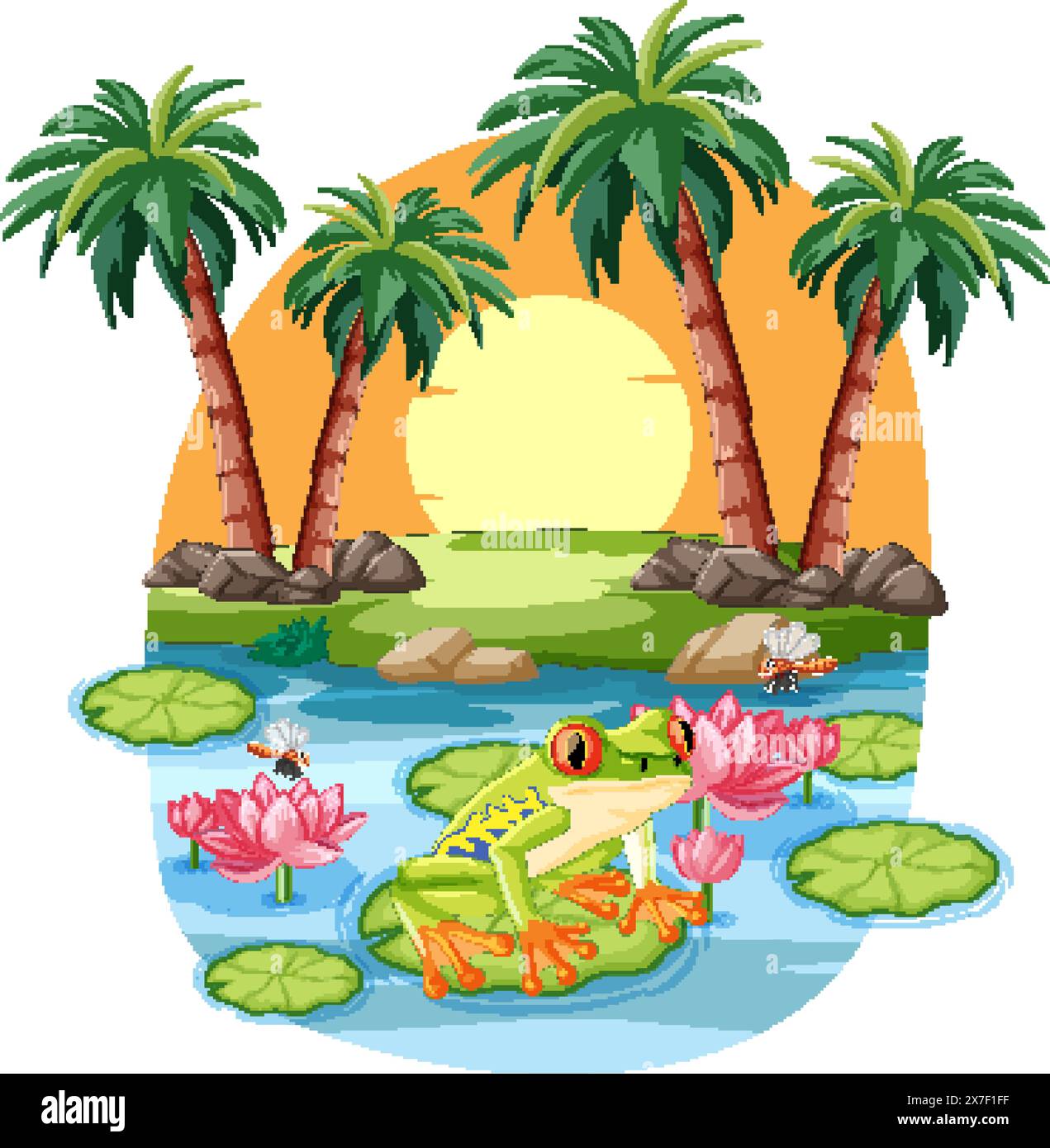 Frog on lily pad with sunset background Stock Vector Image & Art - Alamy