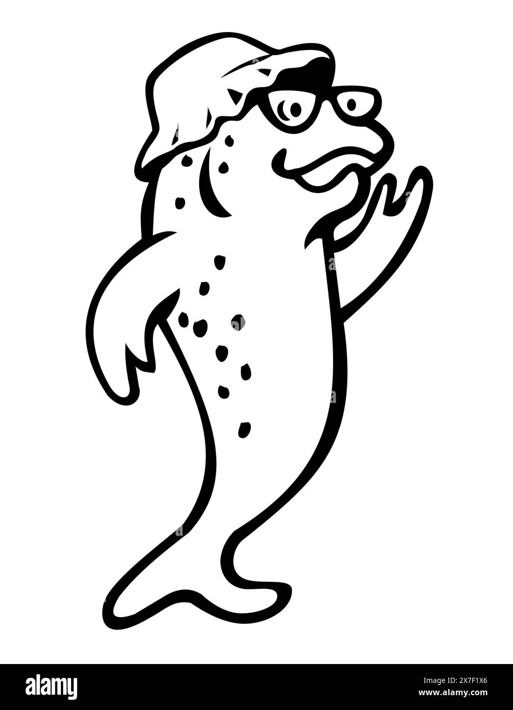 Mascot illustration of a salmon or trout fish wearing bucket hat waving ...