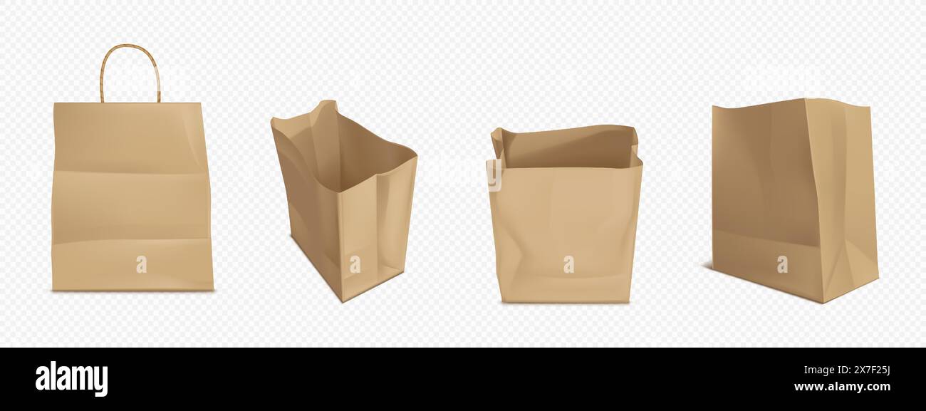 Craft brown paper bags mockup. Realistic vector illustration set of ...
