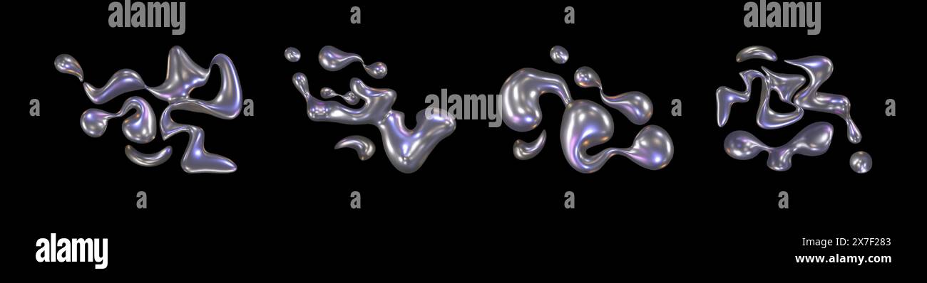 Abstract chrome liquid shapes with drops for y2k design. Realistic 3d ...