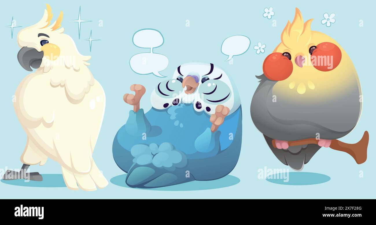 Cute parrot cartoon character. Vector illustration set of bright ...