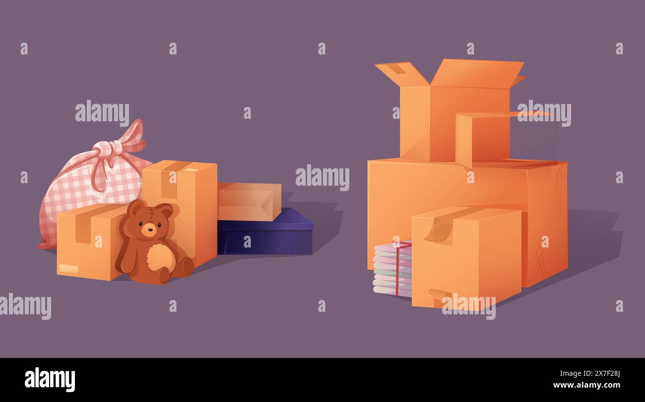 Packed cardboard boxes set isolated on black background. Vector cartoon ...