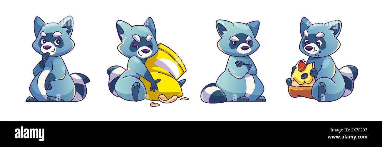 Cute racoon characters set isolated on white background. Vector cartoon ...