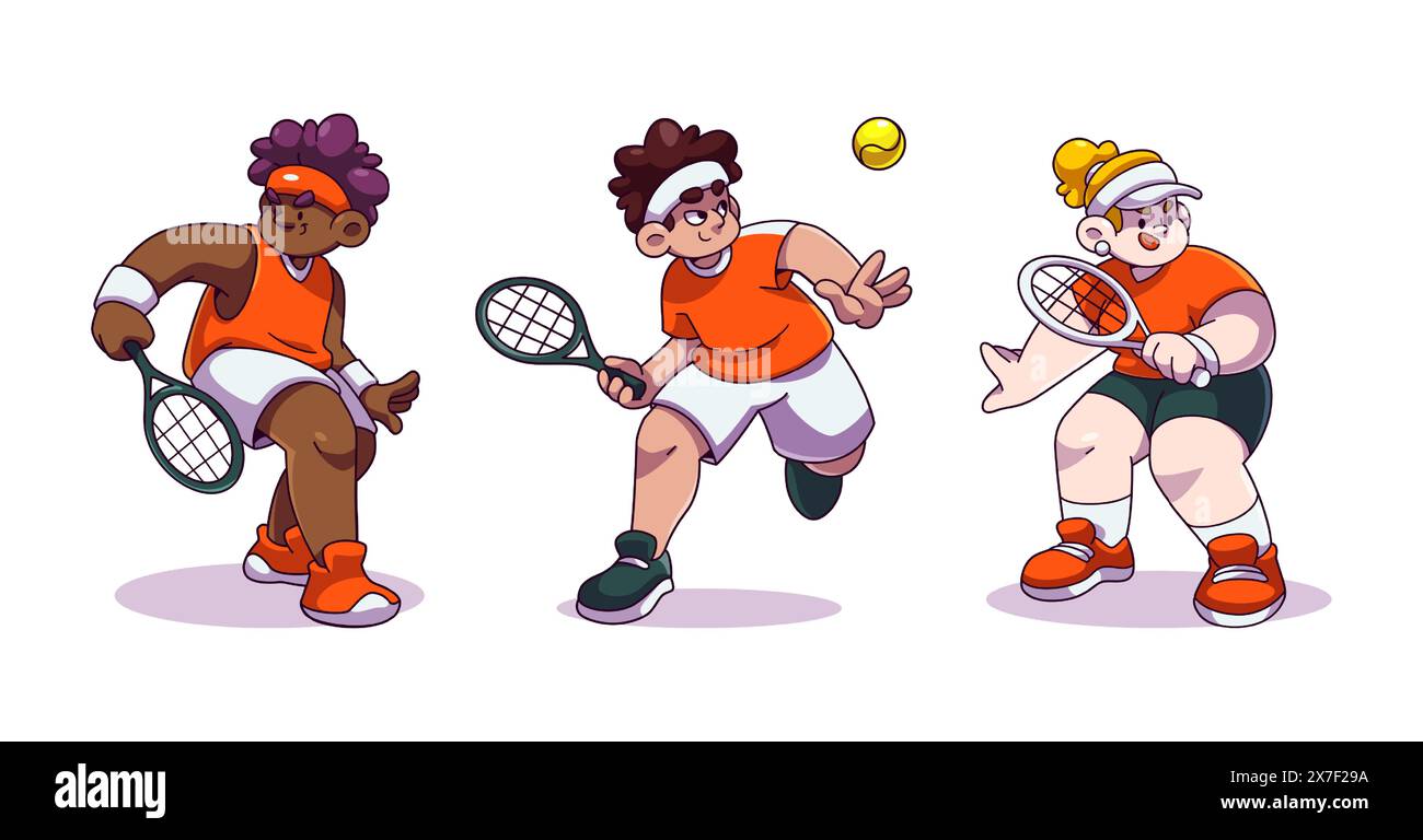 Tennis sport player character court illustration. Man and girl athlete ...