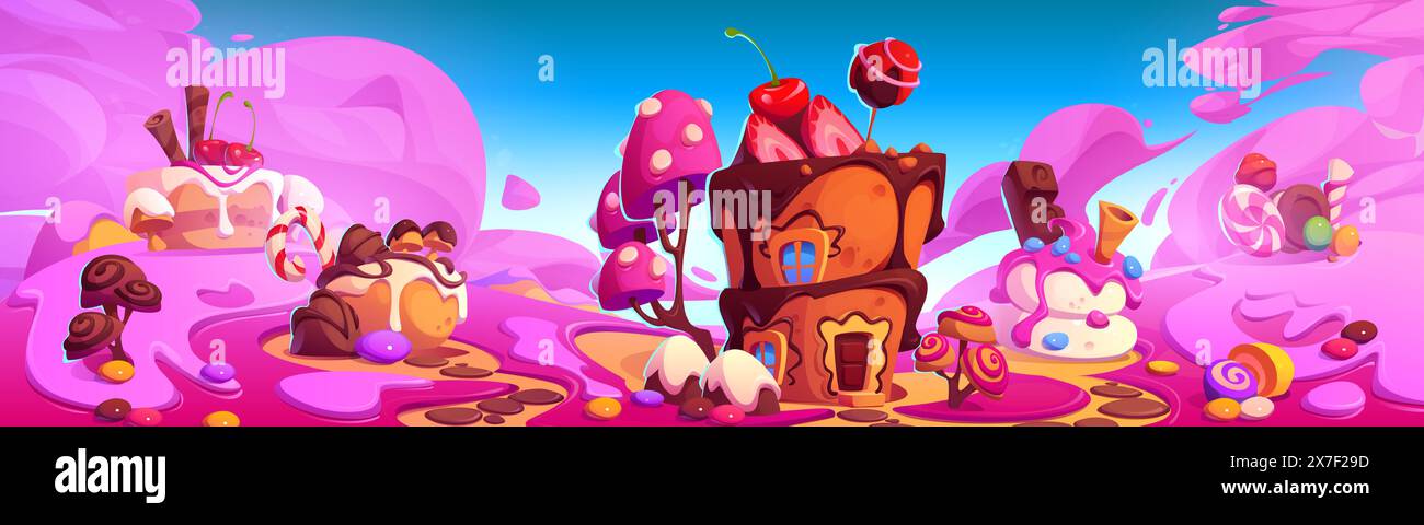 Candy land background. Vector cartoon illustration of dessert landscape ...