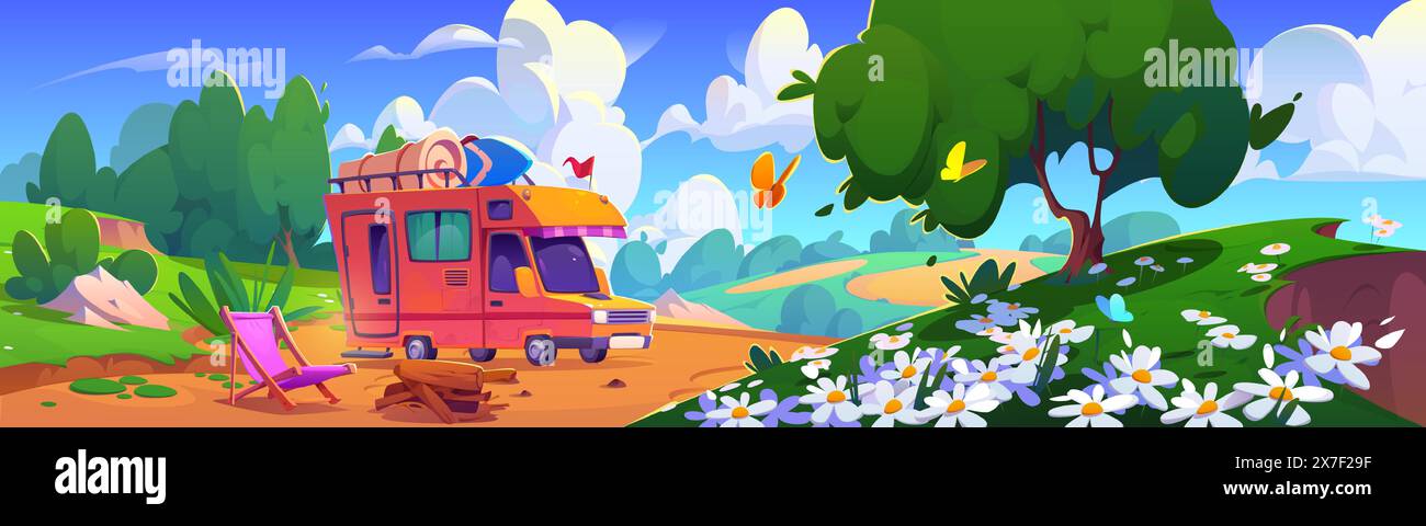 Camping truck on summer landscape. Vector cartoon illustration of ...