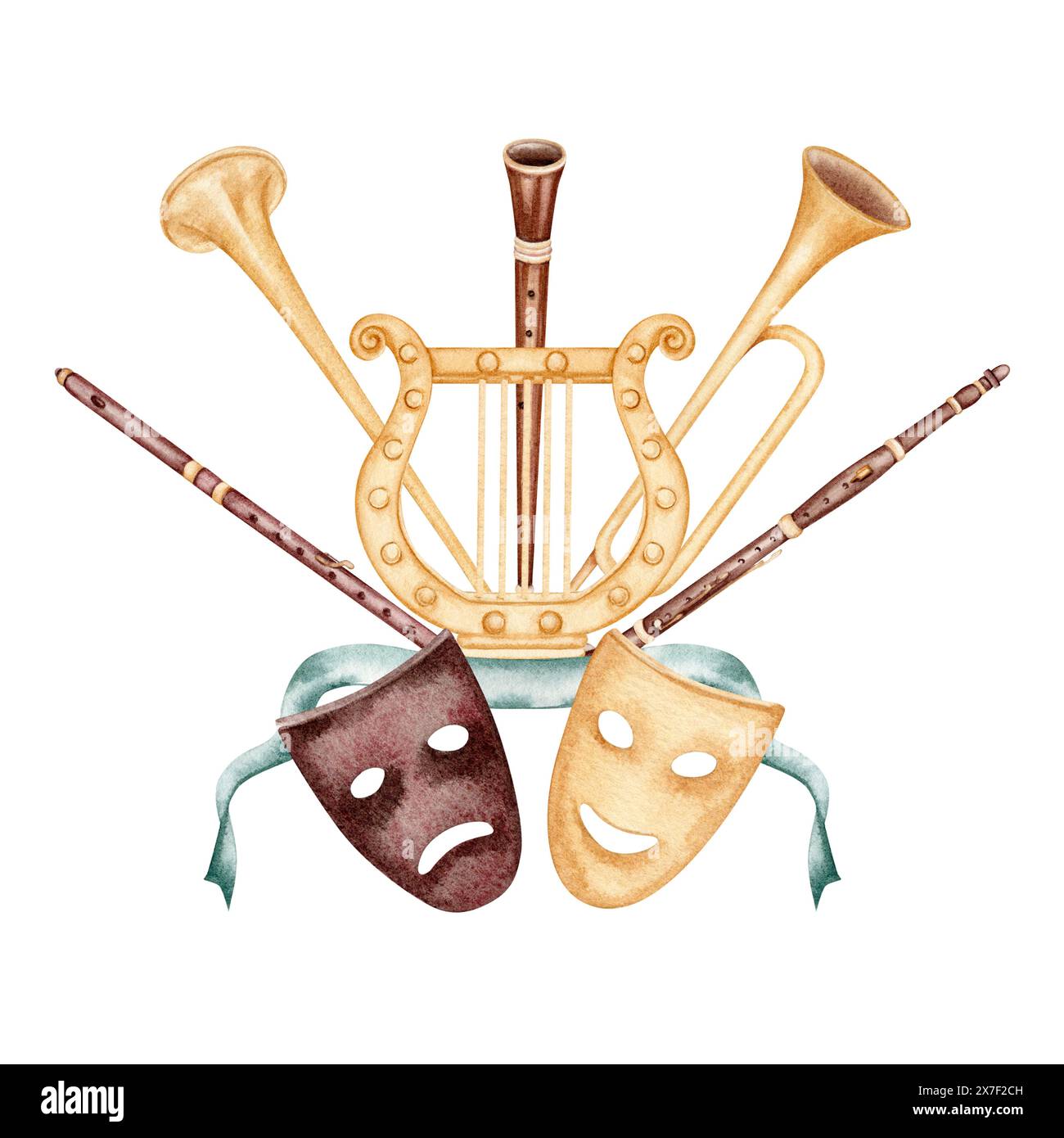 Vintage music instruments with theatre masks and ancient lyre harp ...