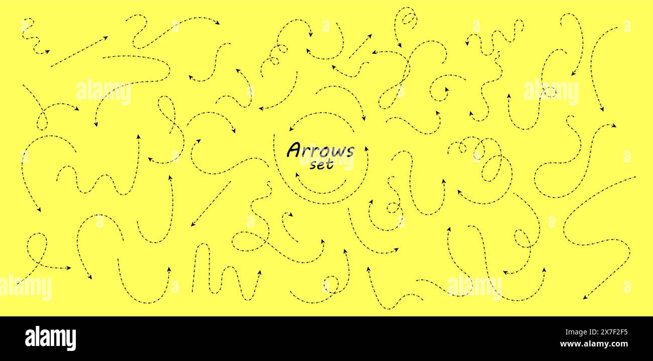 Set of hand drawn thin dash line arrows. Collection of curved pointers ...