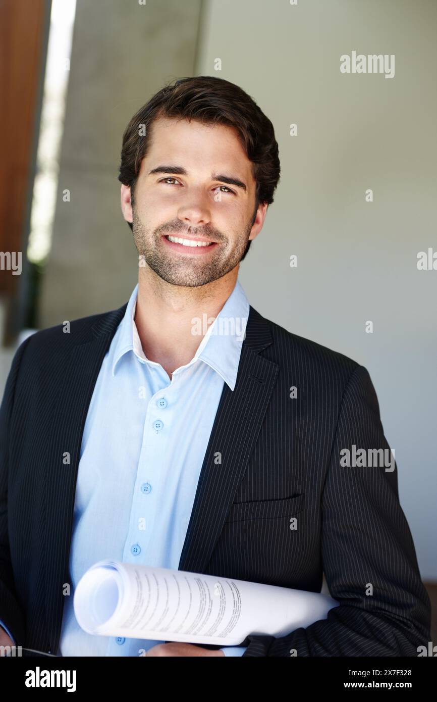 Portrait, business man and pride with blueprint, paperwork and building ...