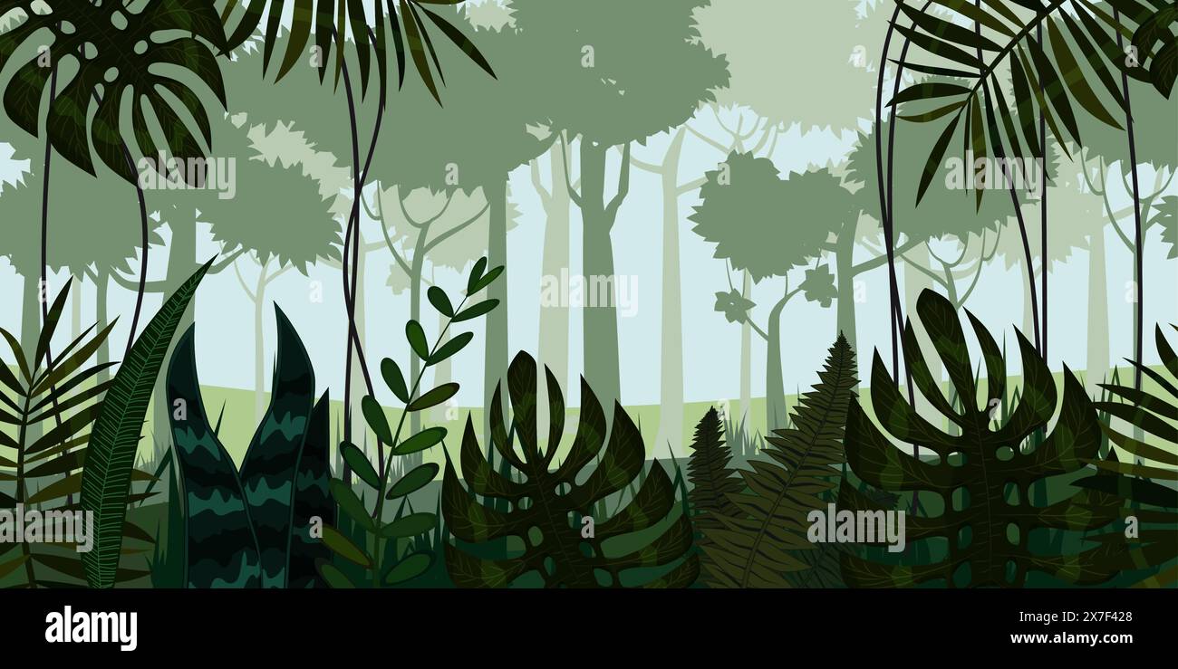 Rainforest landscape horizontal seamless illustration Stock Vector ...