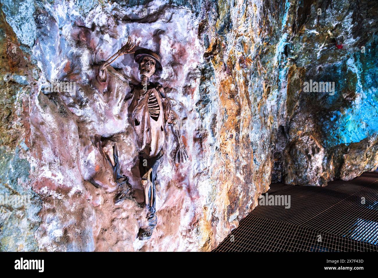 Skeleton of a dead miner in Mina El Eden, a historic mine in Zacatecas ...