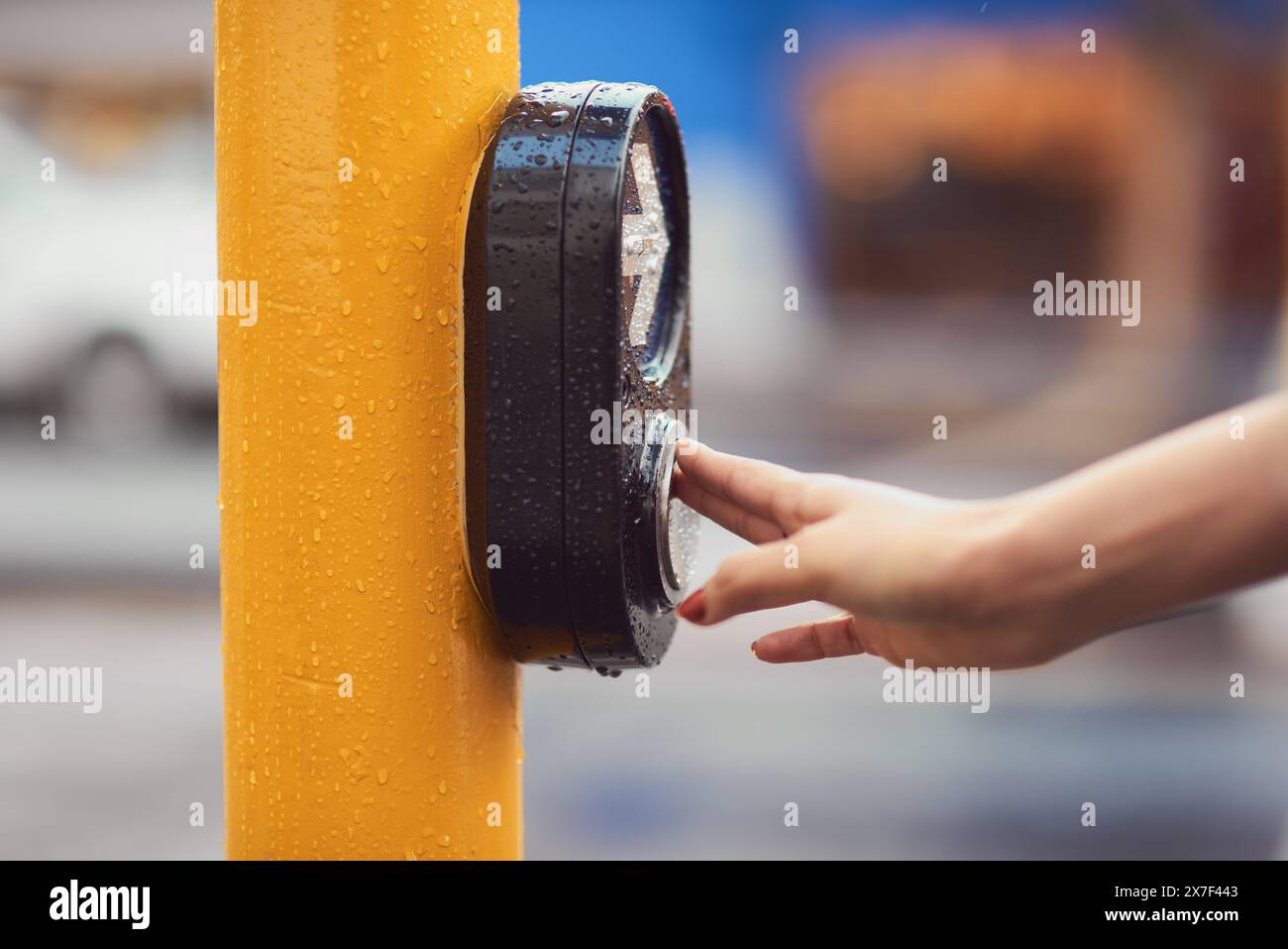 Crosswalk, hand and woman with button by traffic light for crossing ...