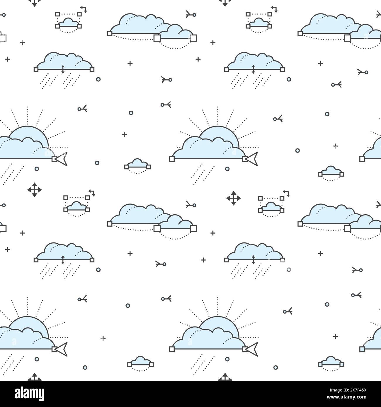 Seamless pattern with blue clouds and sun. Vector illustration. Linear ...