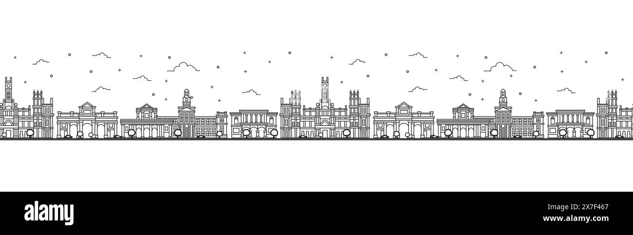 Seamless pattern with outline Madrid Spain City Skyline. Historic Buildings Isolated on White ...