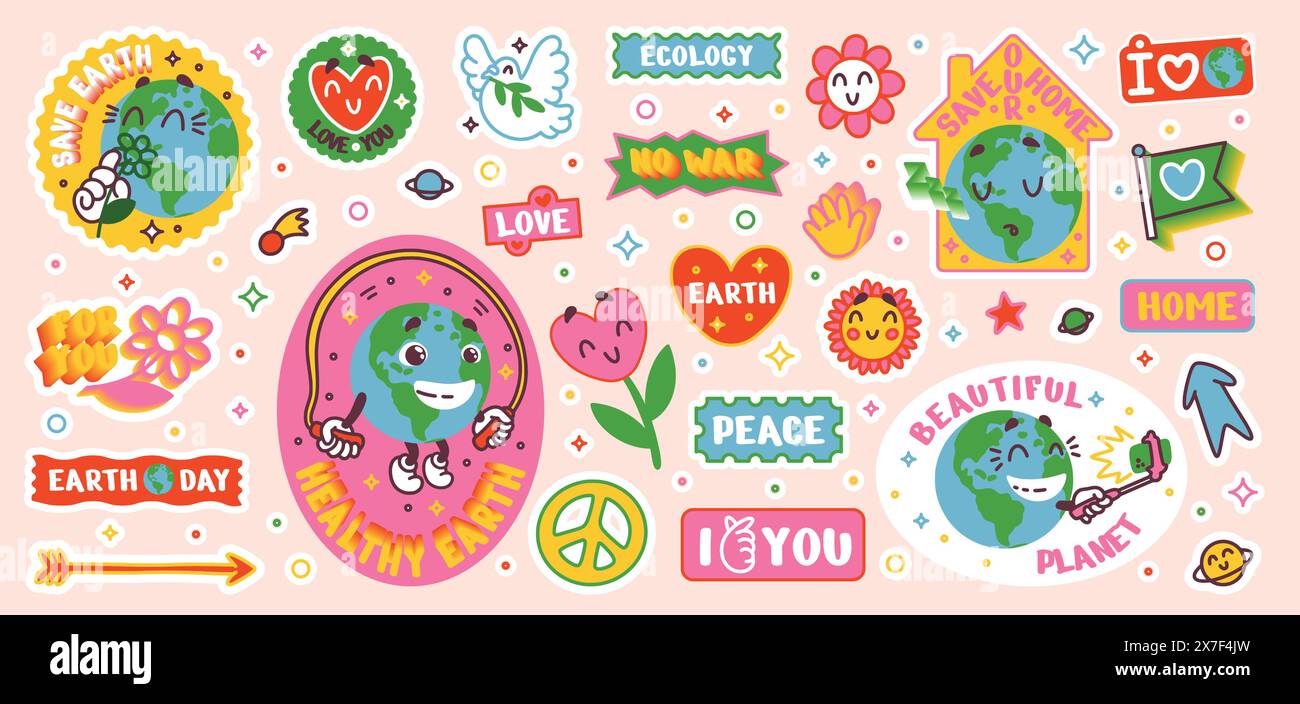 Eco stickers. Retro Earth planet. World pop face for smile poster ...