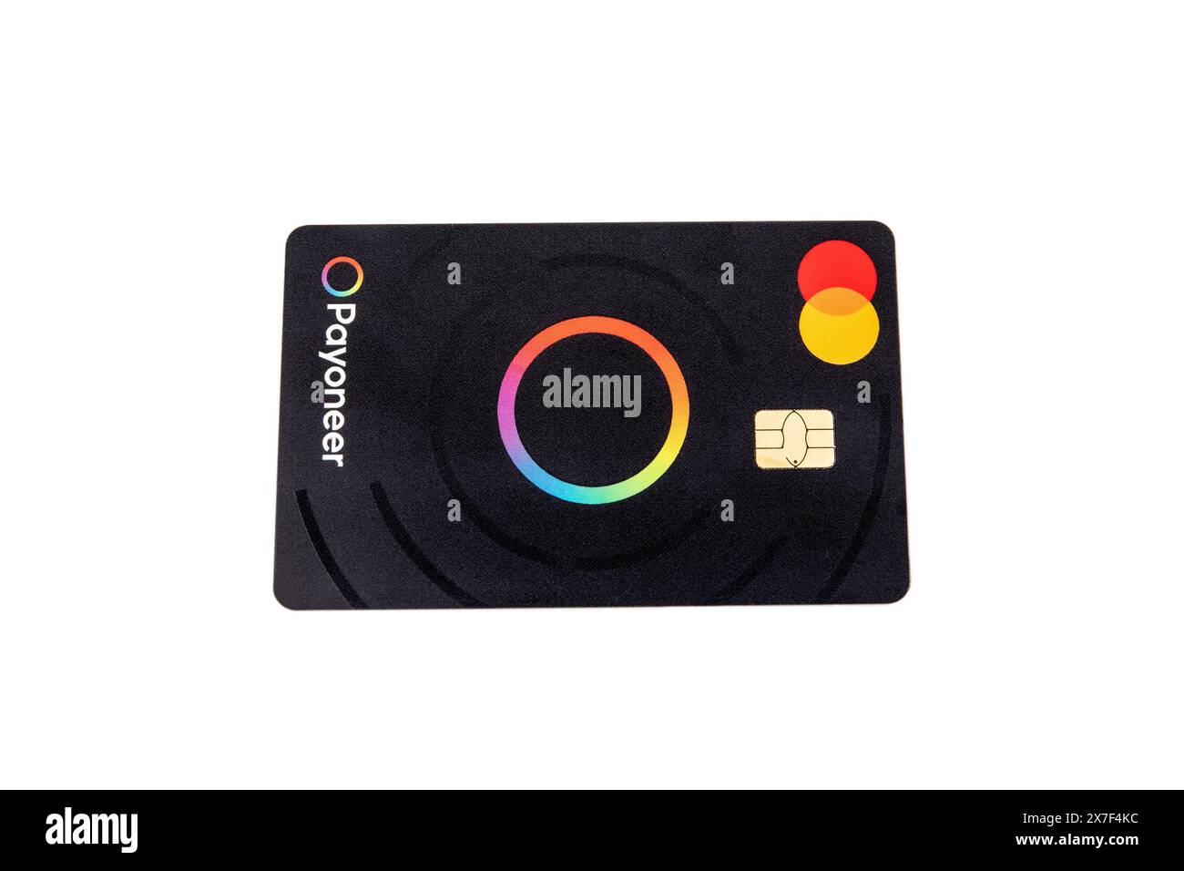 Sigulda, Latvia - April 27, 2024. Payment card Payoneer Mastercard on a ...
