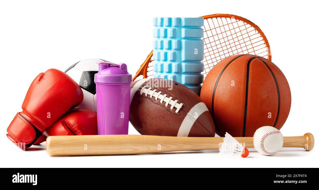 Assorted sports equipment isolated on white background Stock Photo - Alamy