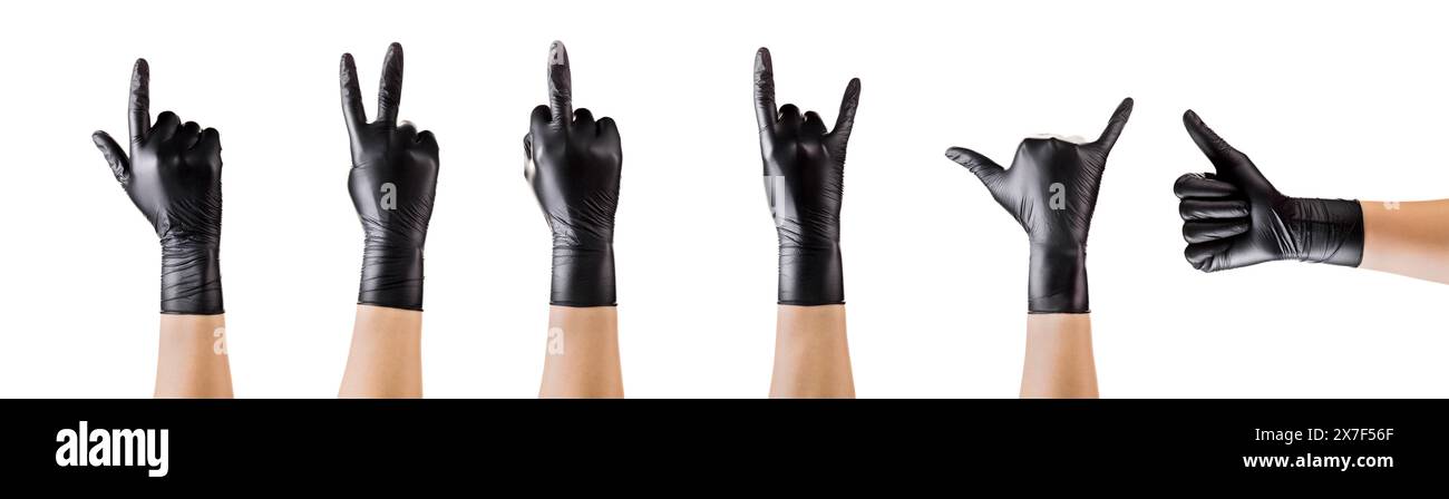 Hands in black gloves showing different gestures, pointing and showing ...