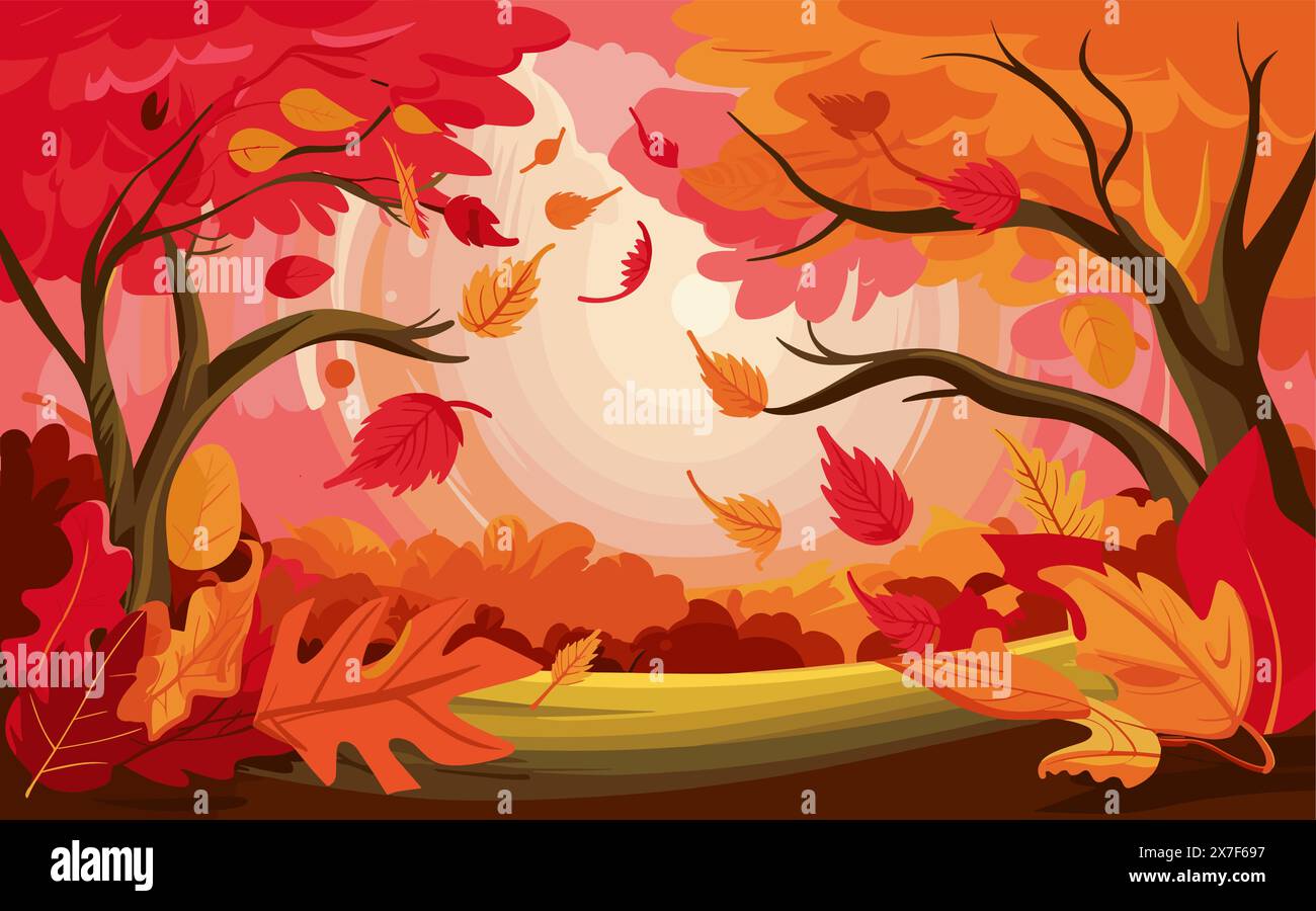 A colorful autumn scene with trees, leaves falling Stock Vector Image ...