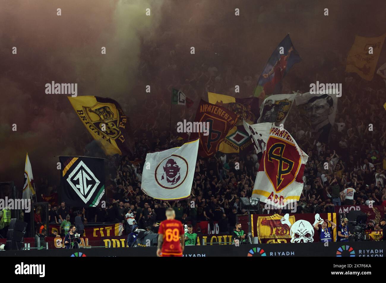 Rome, Italy 19.05.2024: Roma fans flags , scarves and smoke bombs on ...