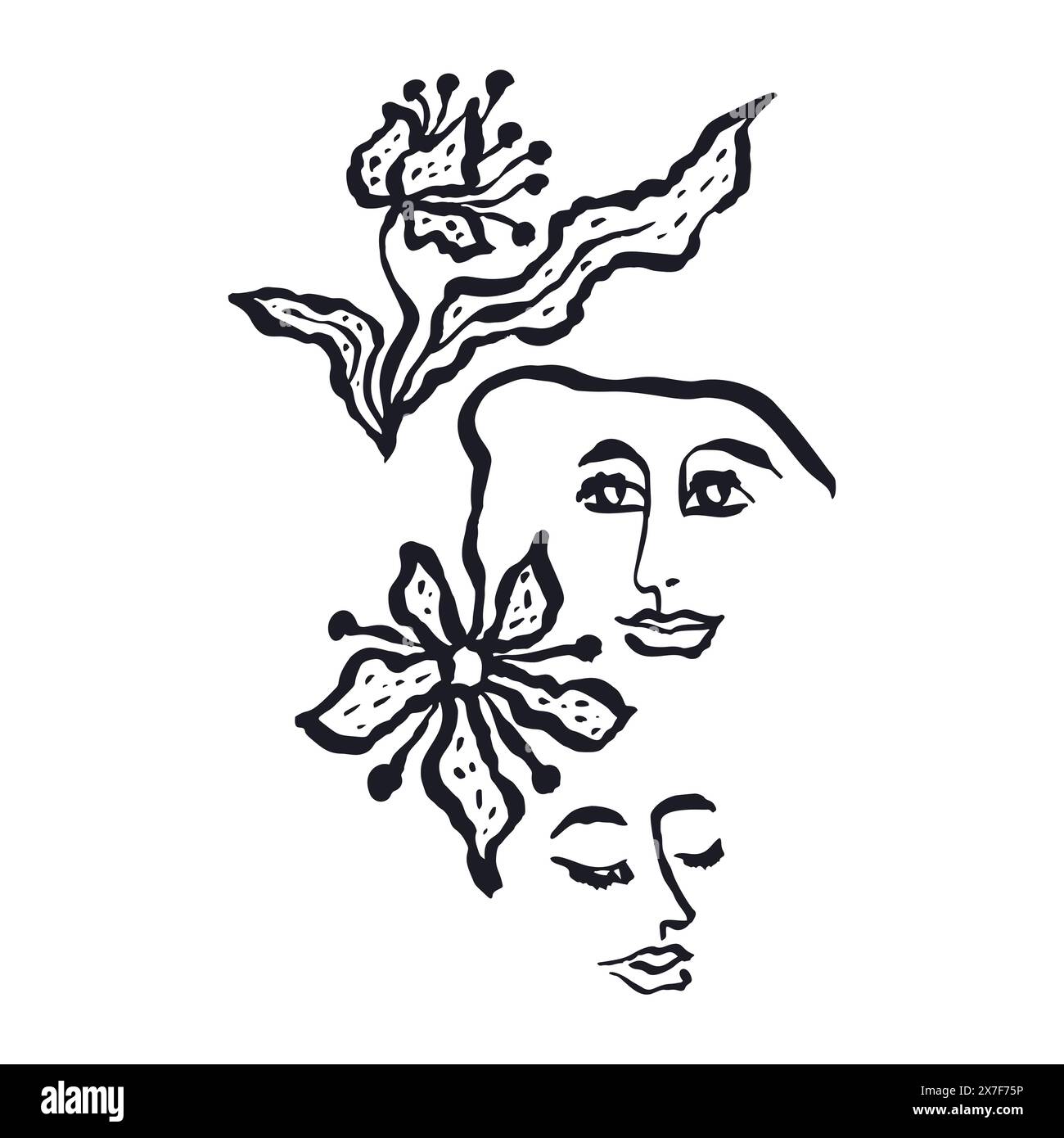 One single line ink drawing of abstract female face and flowers ...