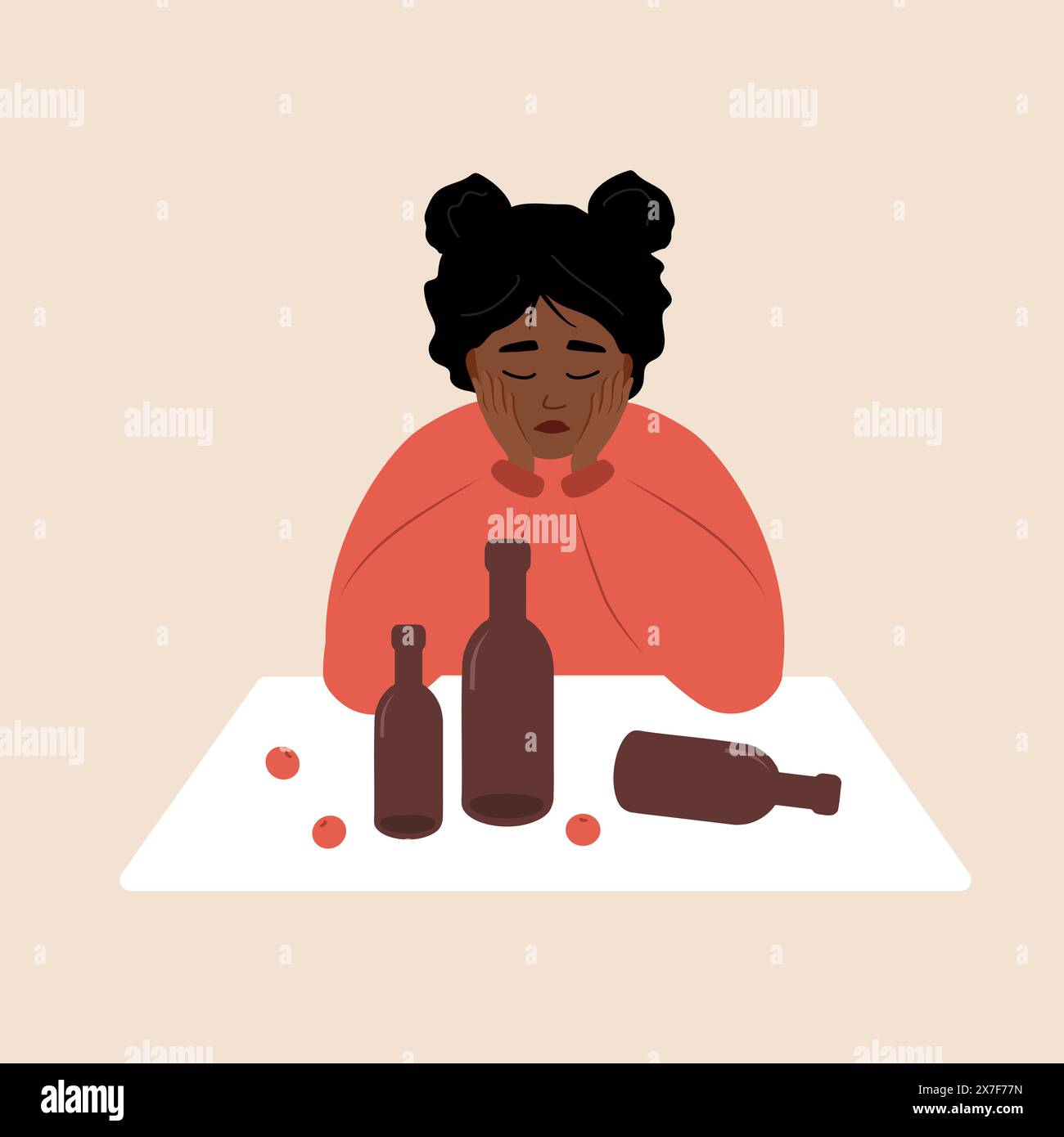 Alcohol abuse. Booze concept. Sad african girl sitting at table and ...