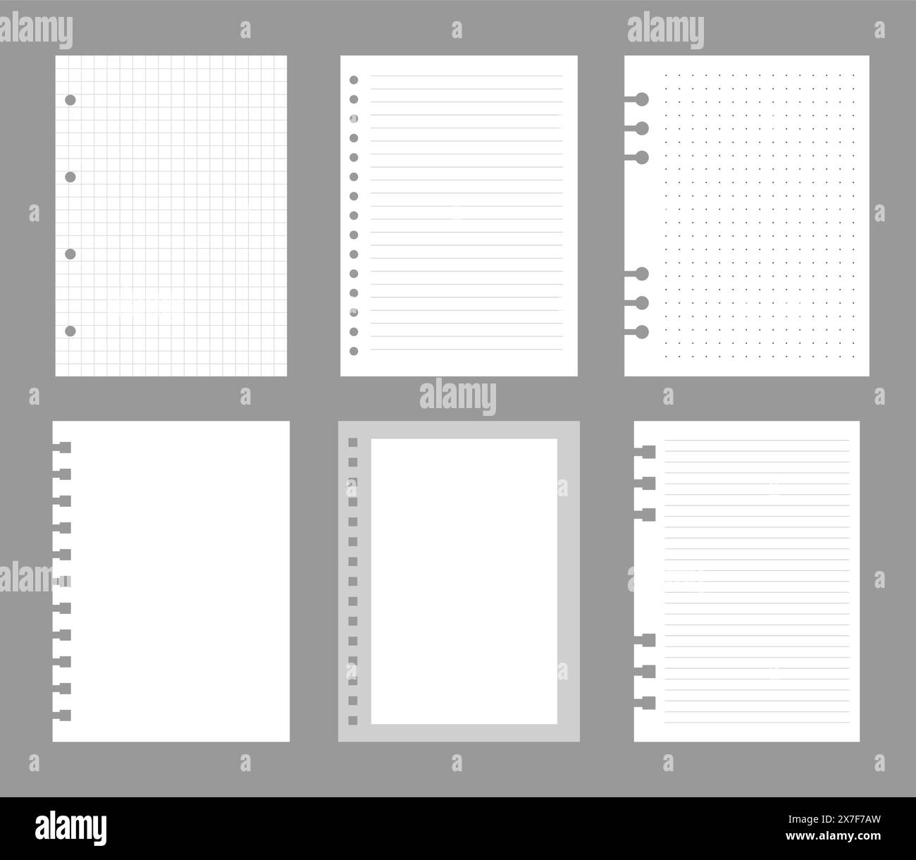 Set of notebook sheets isolated on gray background. Realistic white blanks of checkered, lined ...