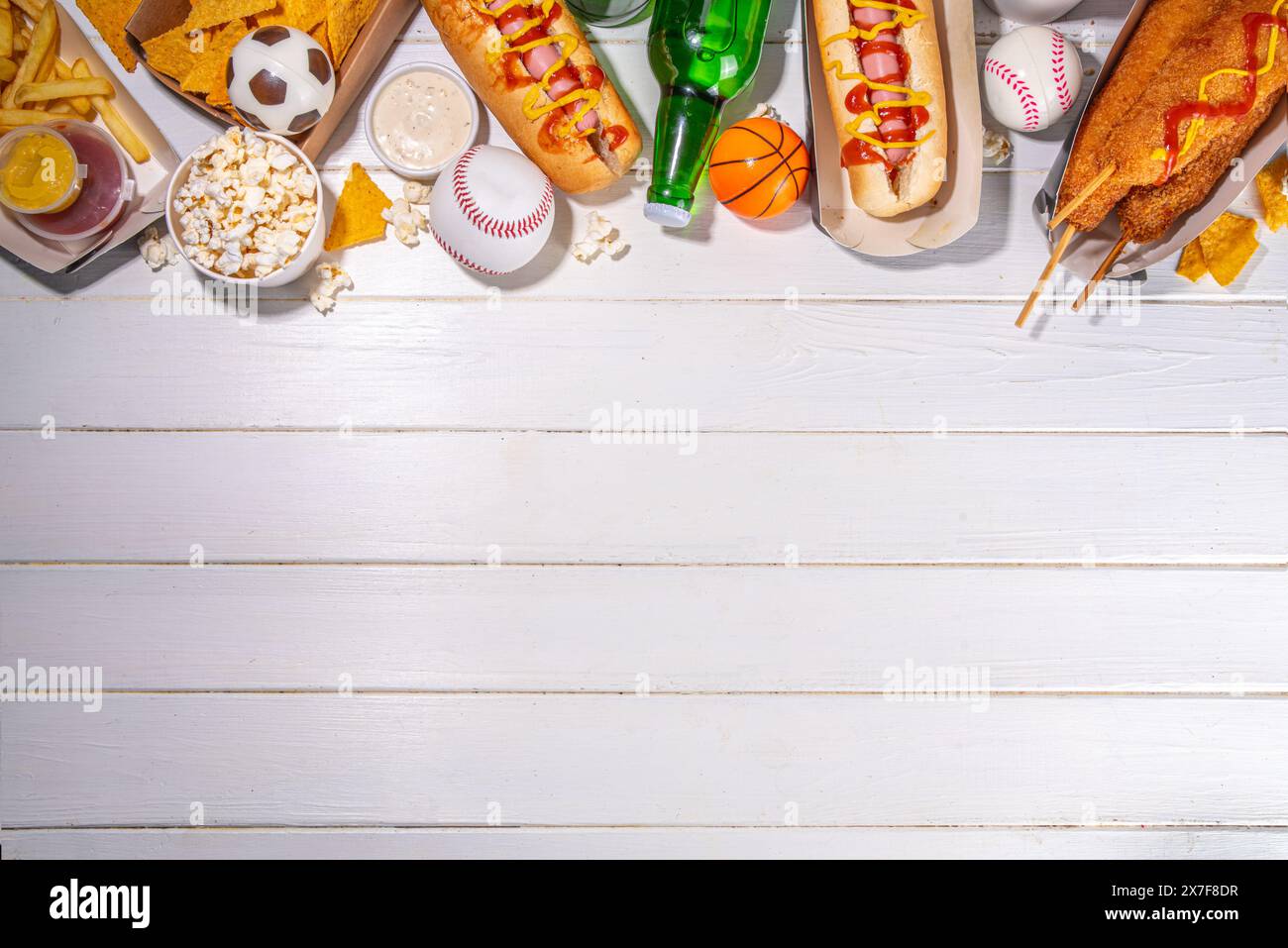 Traditional sport stadium foods and beer background, Set of various ...