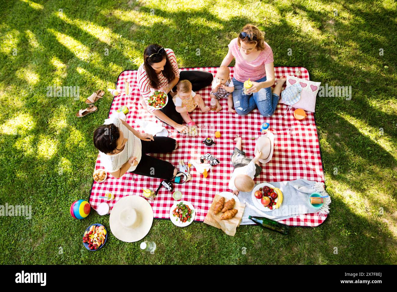Mothers and babies enjoying group picnic outdoor in park, sitting on ...