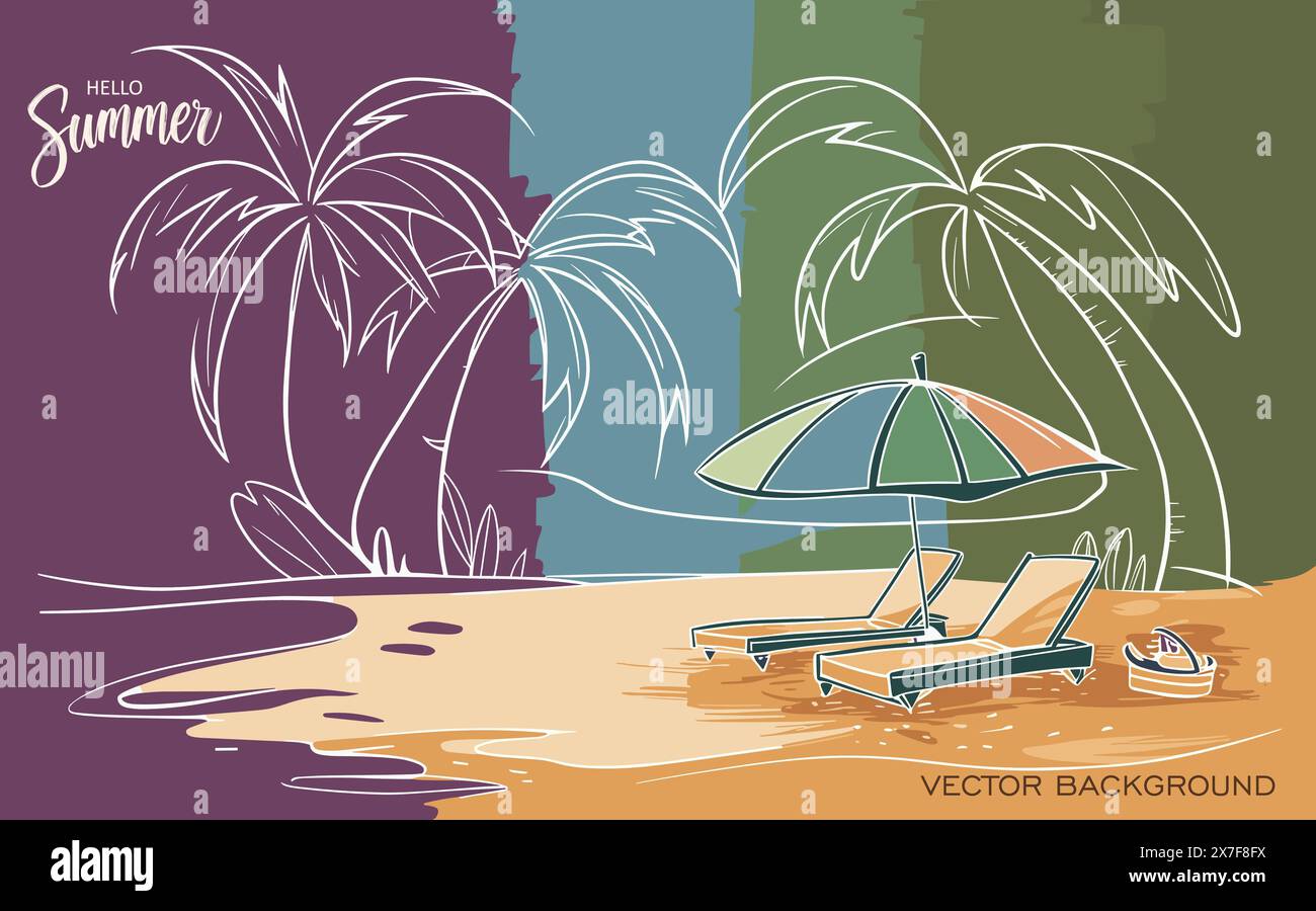Abstract beach scene with umbrella, lounge chairs Stock Vector Image ...