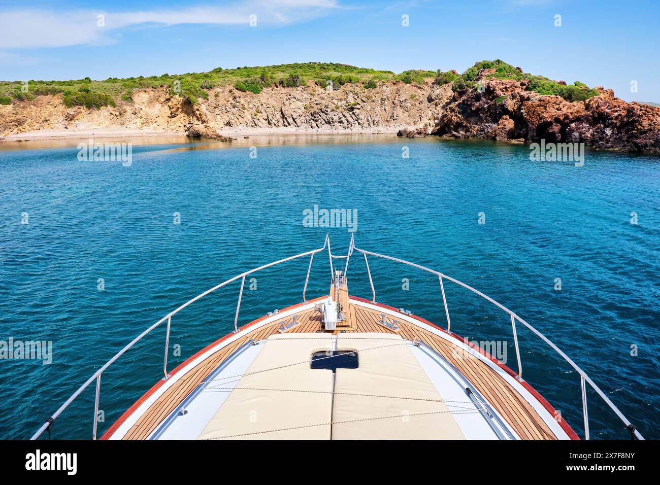 Front deck of a sailboat and sea sailing on the sea. Fore deck and bow ...
