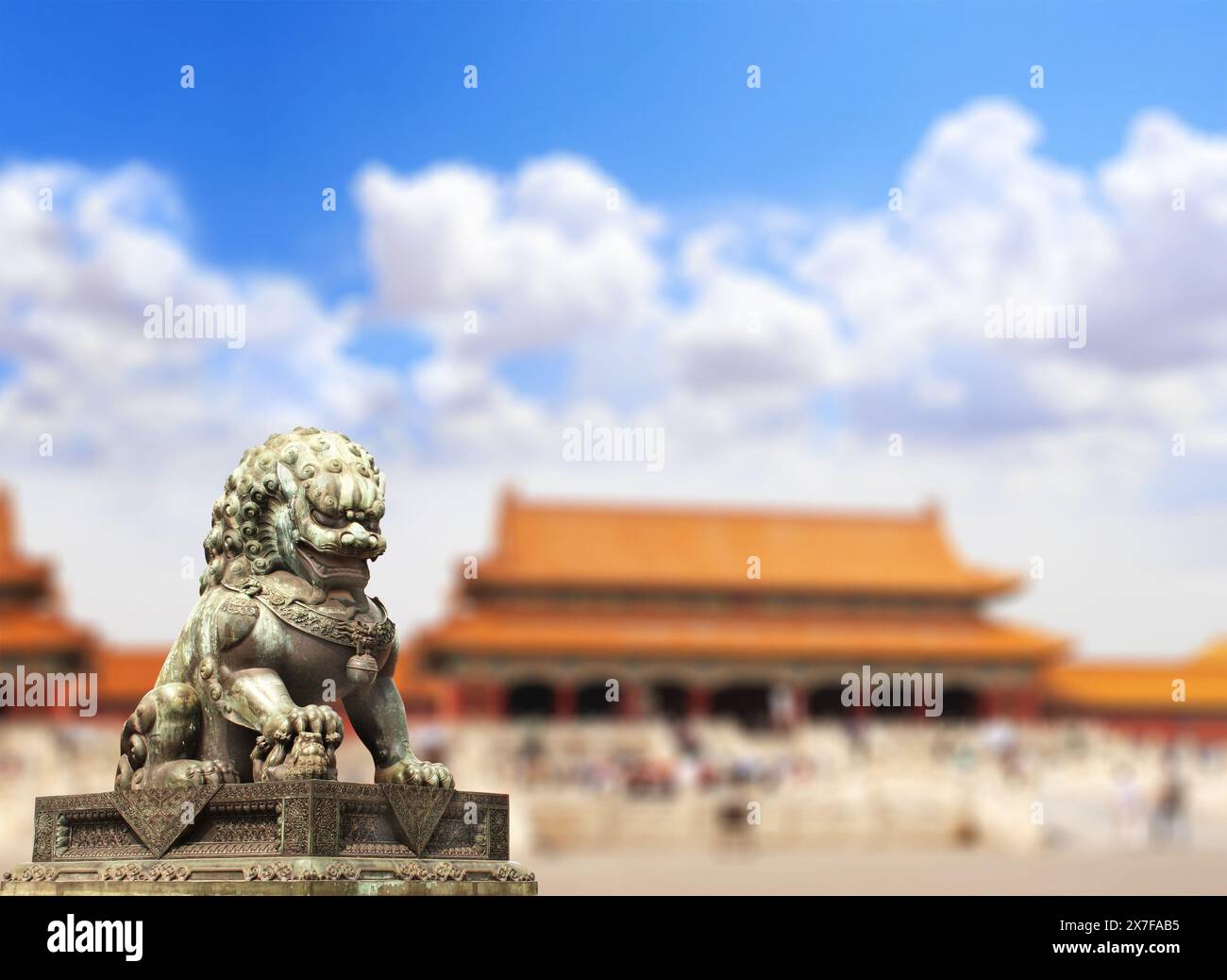 Horizontal background with ancient pavilions and lion statue in ...