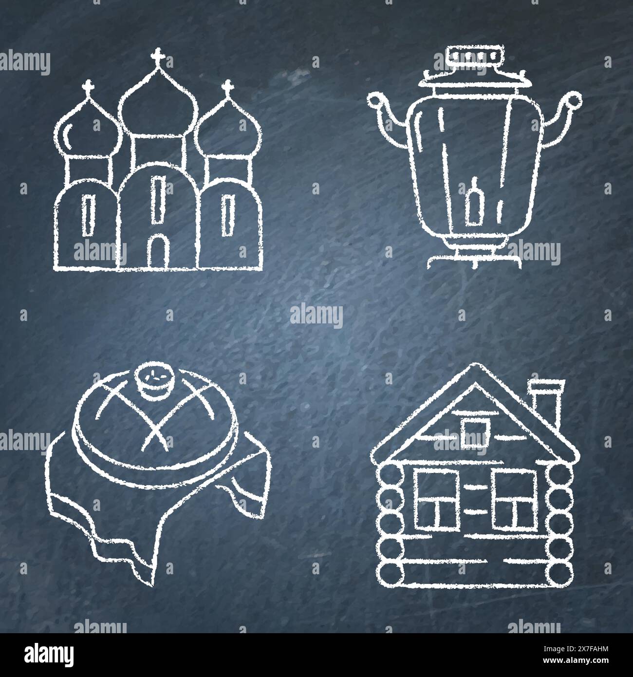 Russia traditional symbols on chalkboard. Orthodox church, izba hut ...